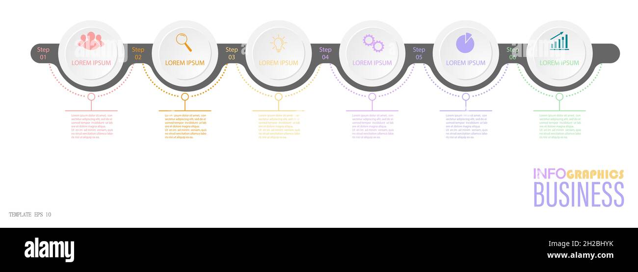 Infographics with pictograms. Template of 6 stages of business ...
