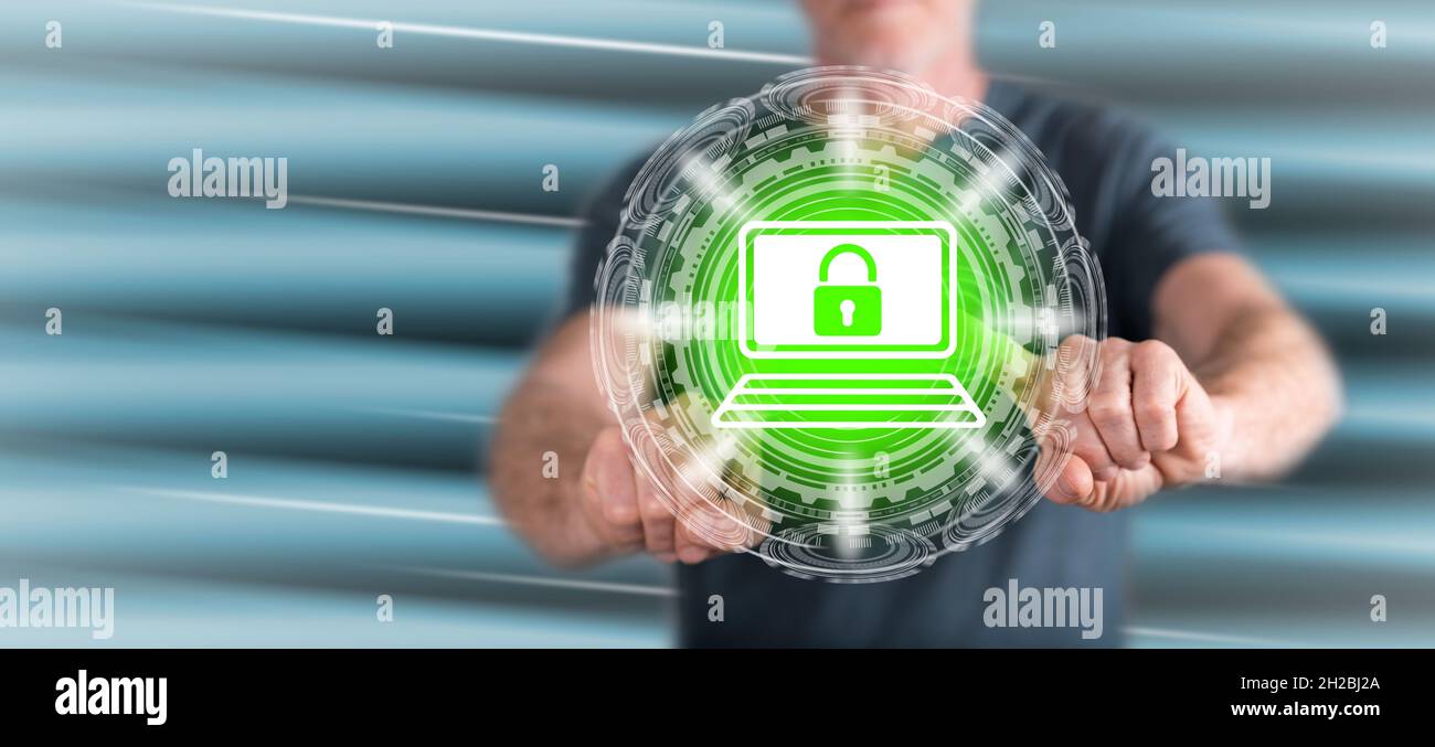 Man touching a cyber security concept on a touch screen with his ...