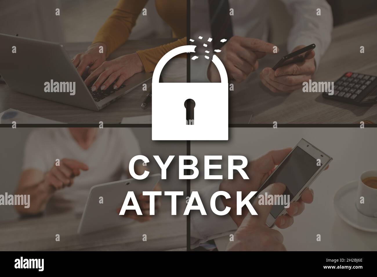 Cyber attack concept illustrated by pictures on background Stock Photo ...
