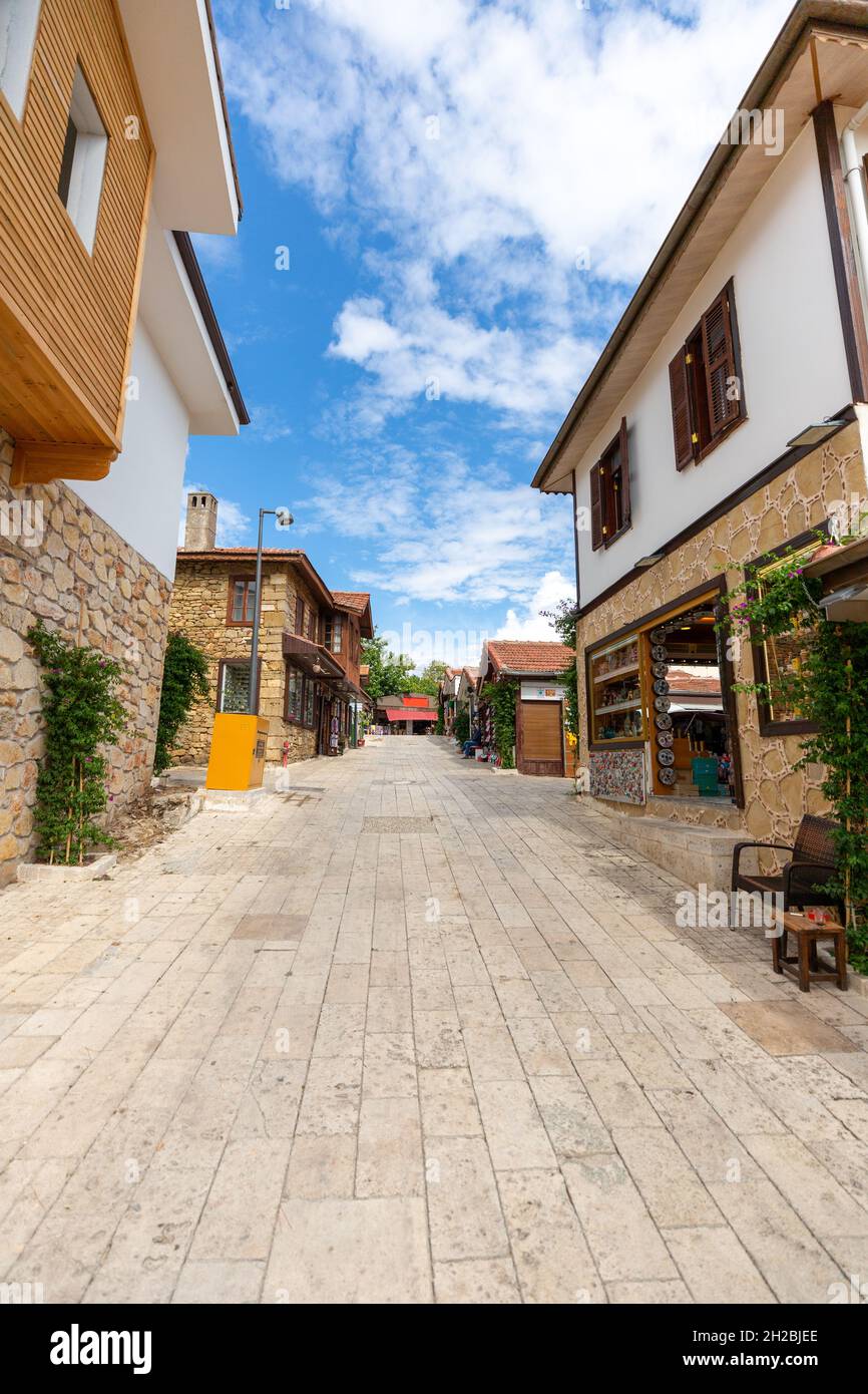 SIDE, TURKEY- SEPTEMBER 16, 2021: Turkish shopping street in Side Stock ...