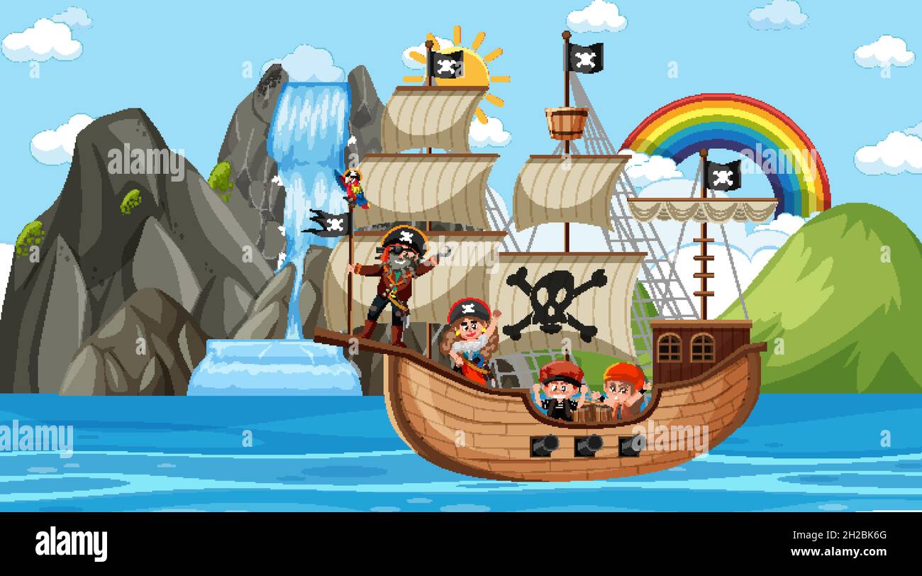 Beach with Pirate ship at daytime scene in cartoon style illustration ...