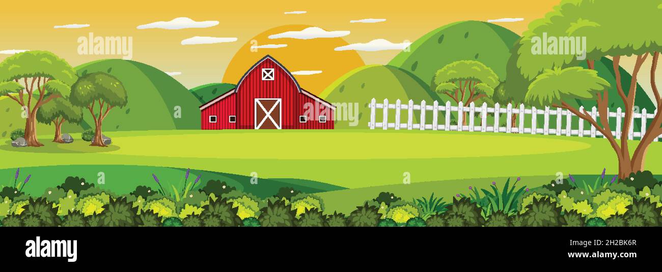 Farm horizontal landscape at sunset time scene illustration Stock ...