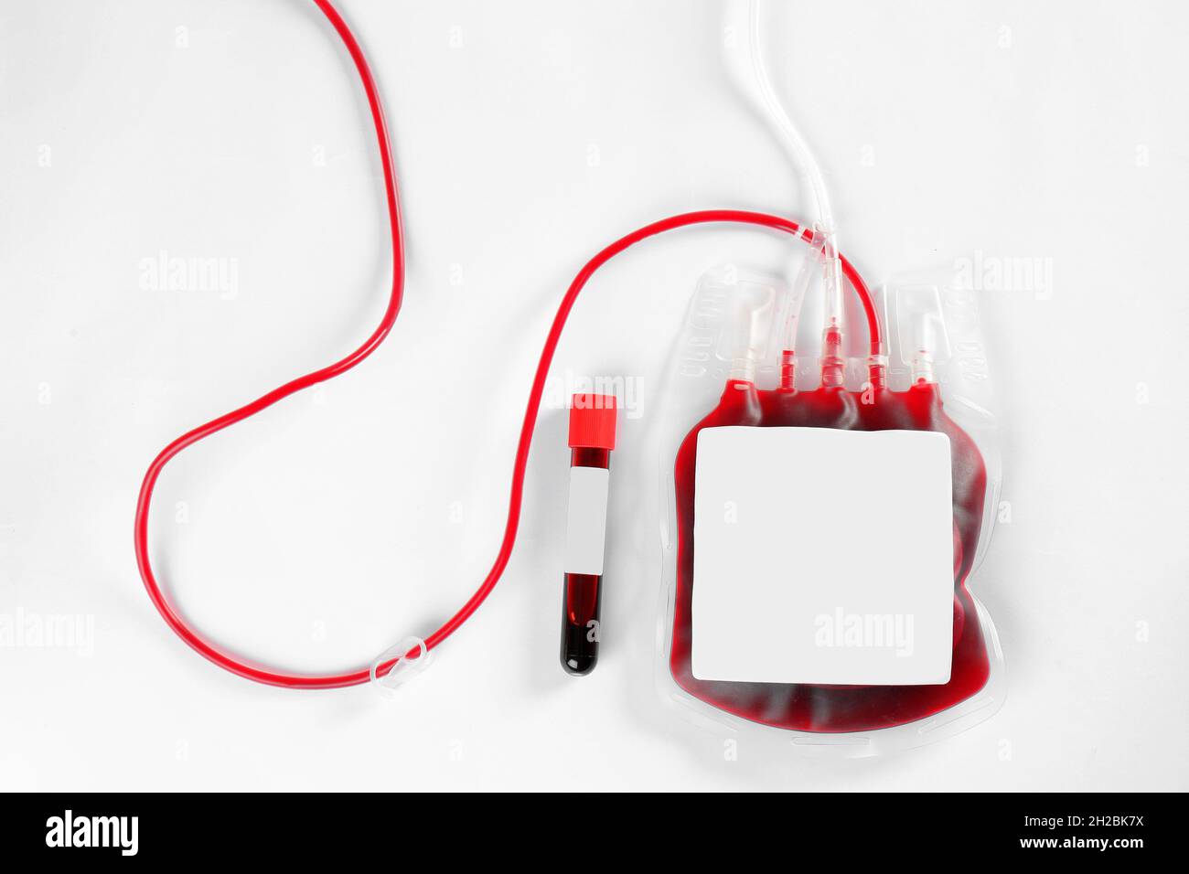 Blood pack for transfusion and test tube on white background, top view ...