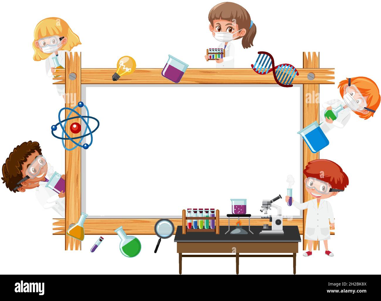 Empty wooden frame with scientist kids cartoon character illustration ...
