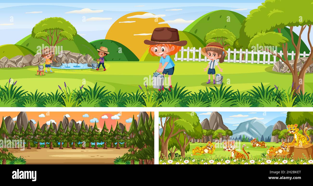 Set of different outdoor landscape scenes with cartoon character ...