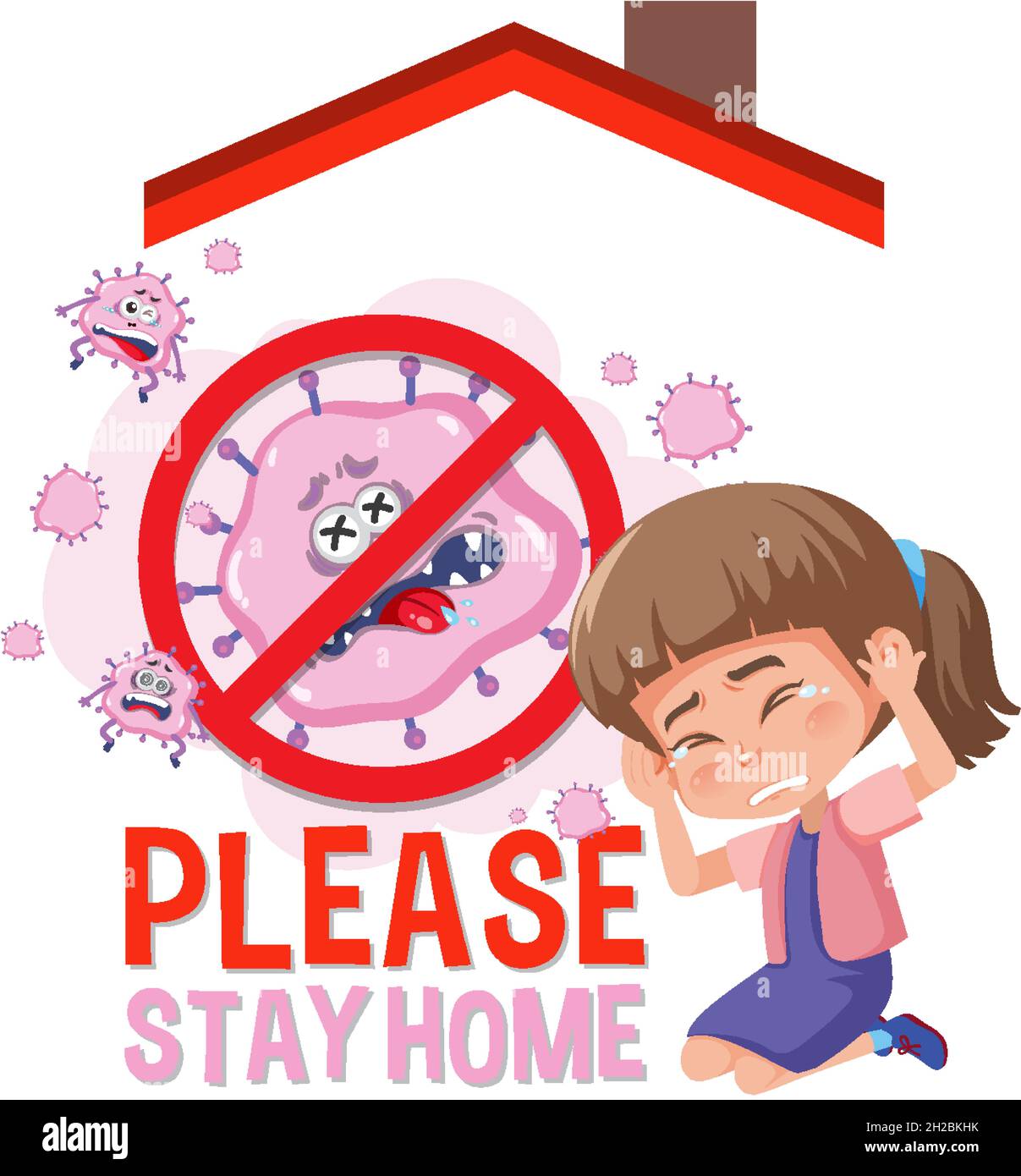 Please Stay Home banner with children and no virus sign illustration ...