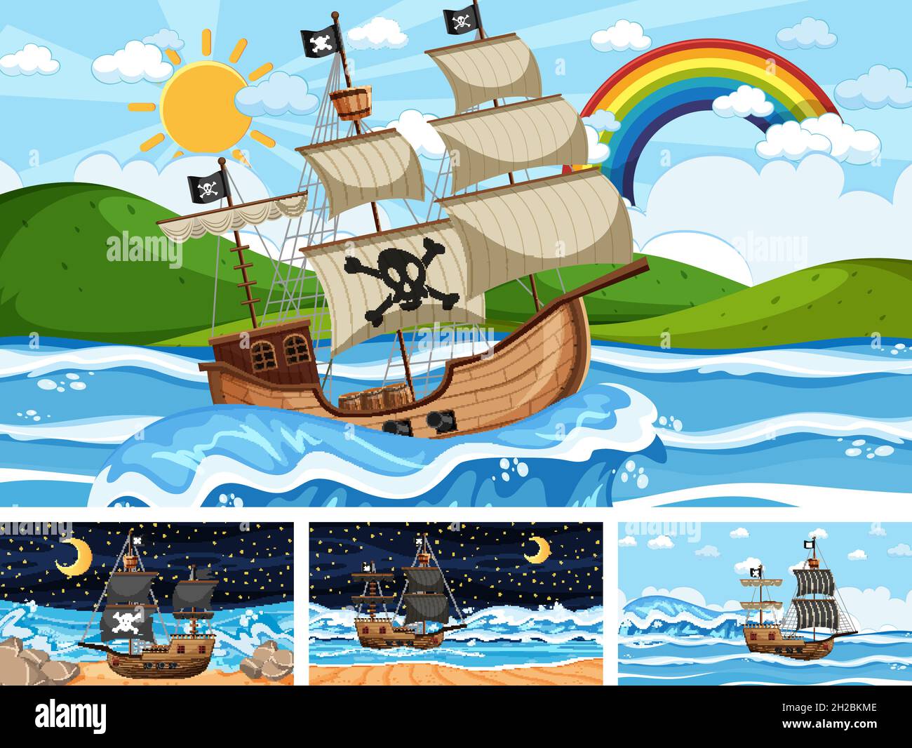 Set of Ocean with Pirate ship at different times scenes in cartoon ...