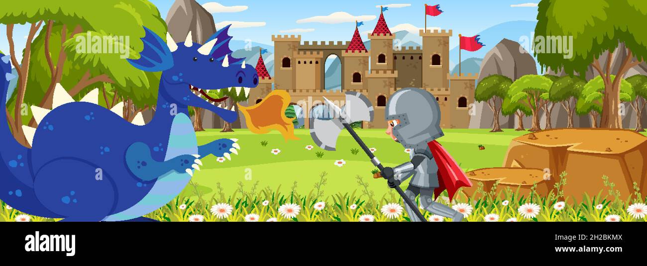 Knights fight with dragon at the castle illustration Stock Vector Image ...