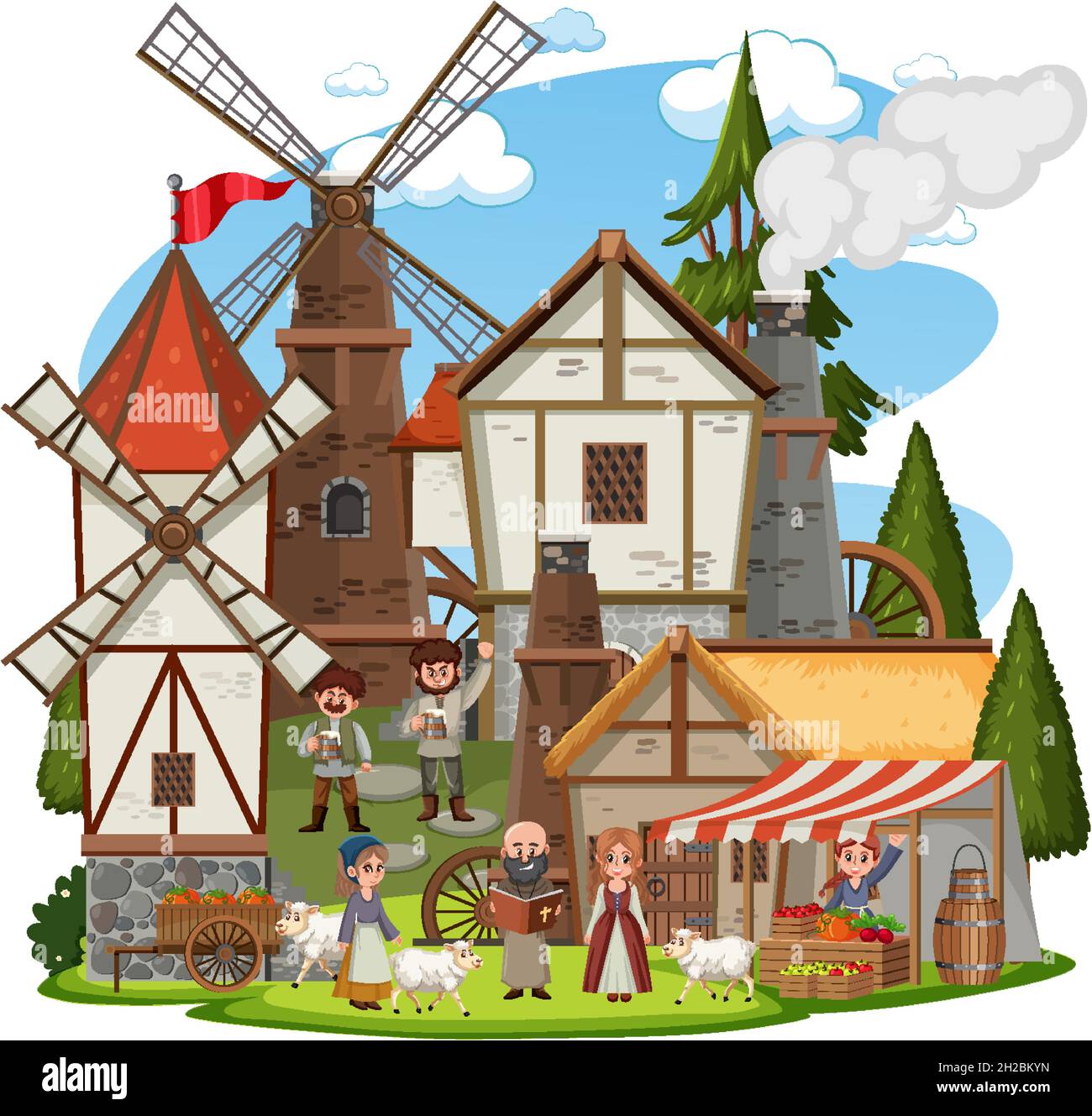 Medieval village with villagers on white background illustration Stock ...