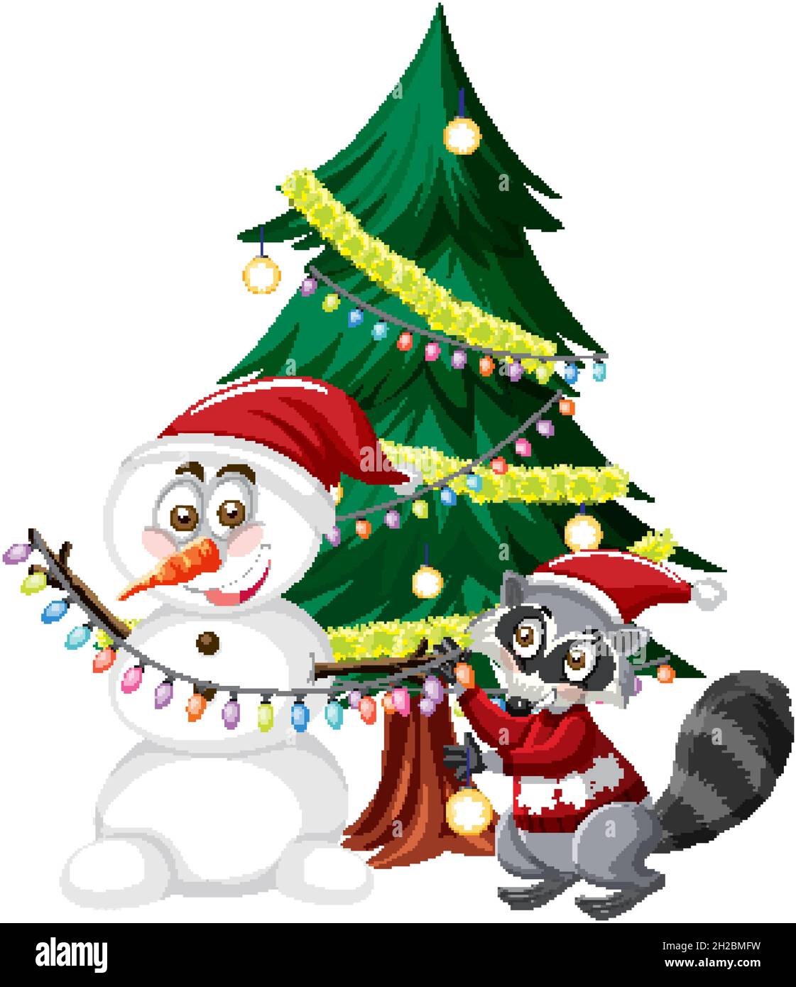 Santa Claus with Snowman and Christmas tree illustration Stock Vector ...