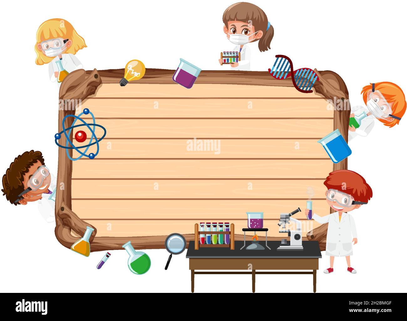 Empty wooden board with scientist kids cartoon character illustration ...