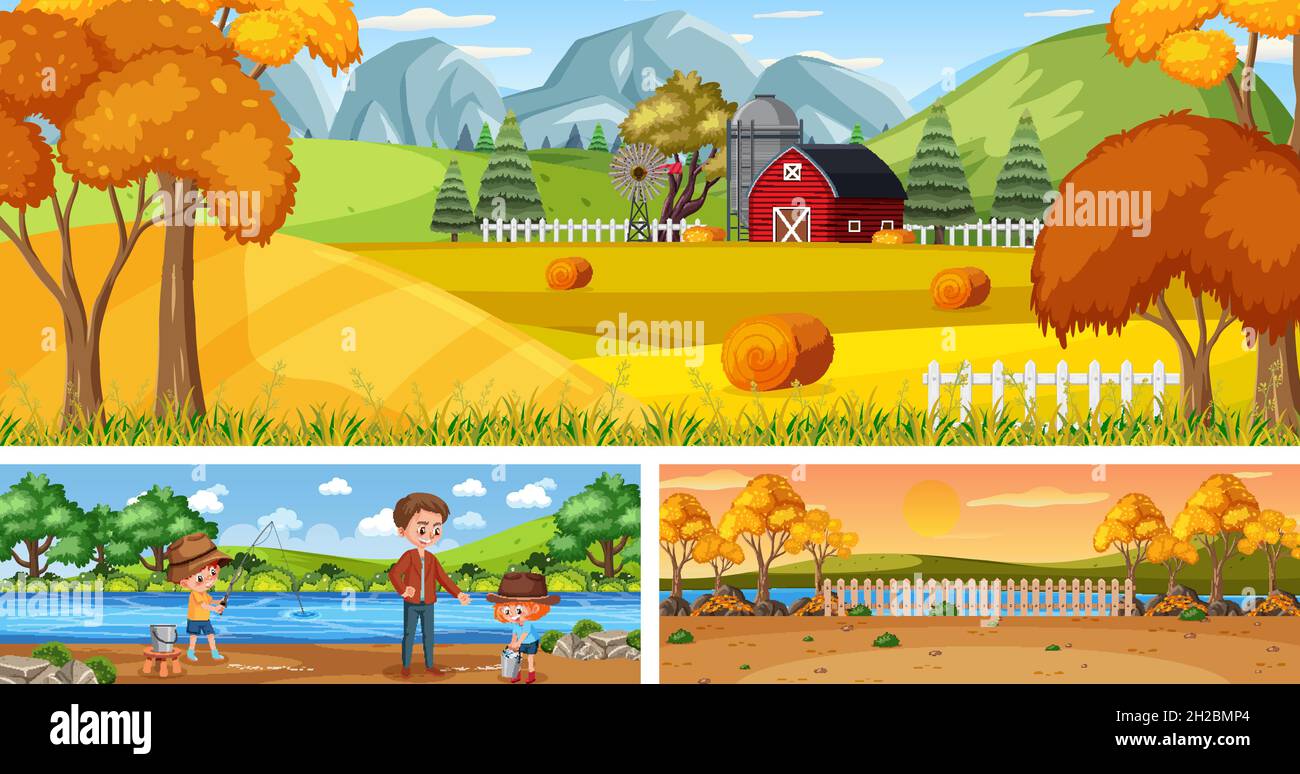 Outdoor panoramic landscape scenes set with cartoon character ...
