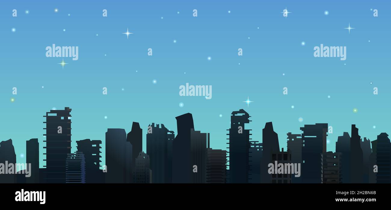 Night silhouettes of Ruined city. Apocalypse scene. Armageddon death of ...