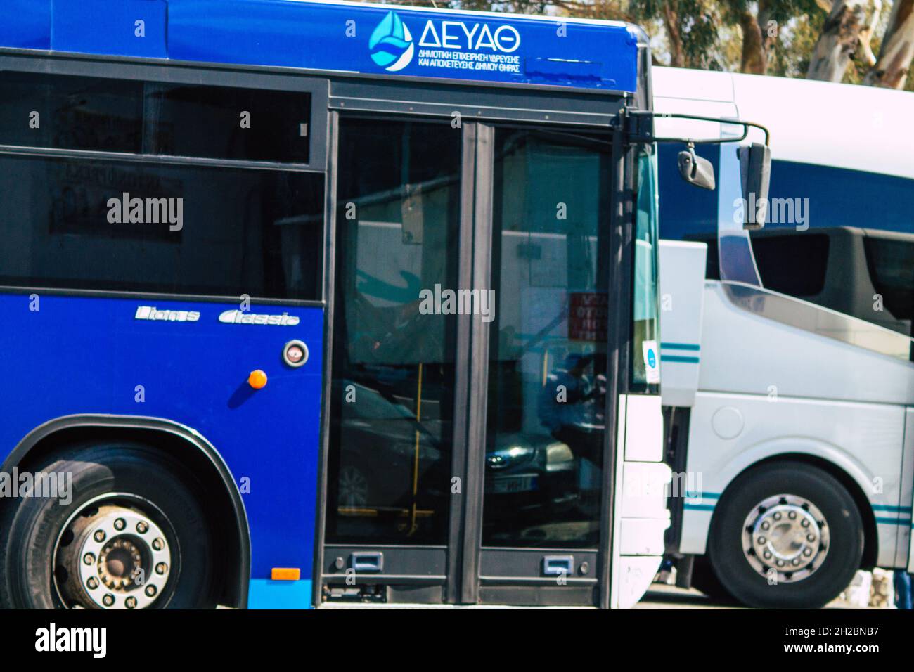 Santorini, Fira, Greece - October 20, 2021 Buses at the bus station ...