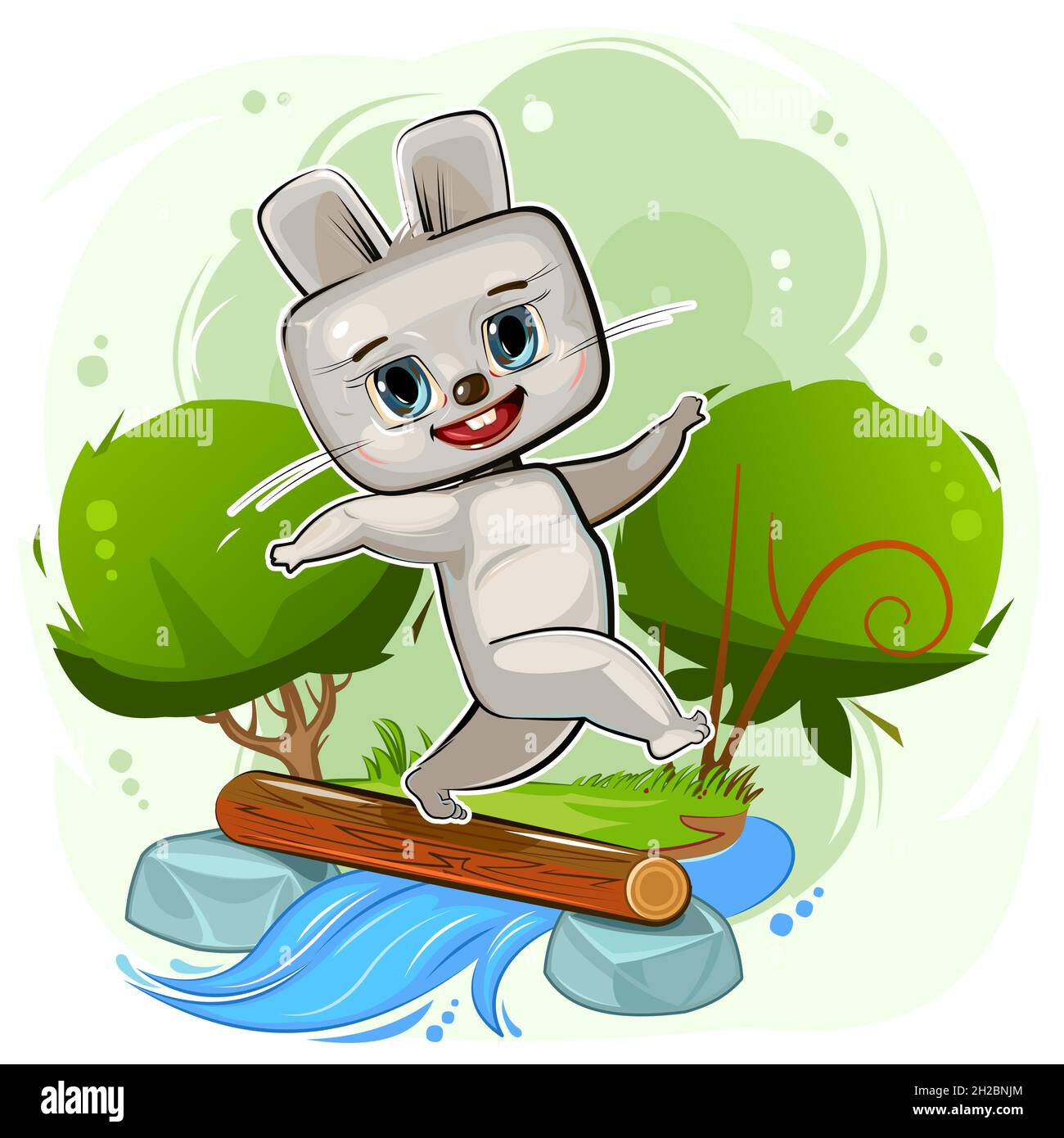 Cute cartoon Hare by the river. Postcard for children. Dexterous scout ...