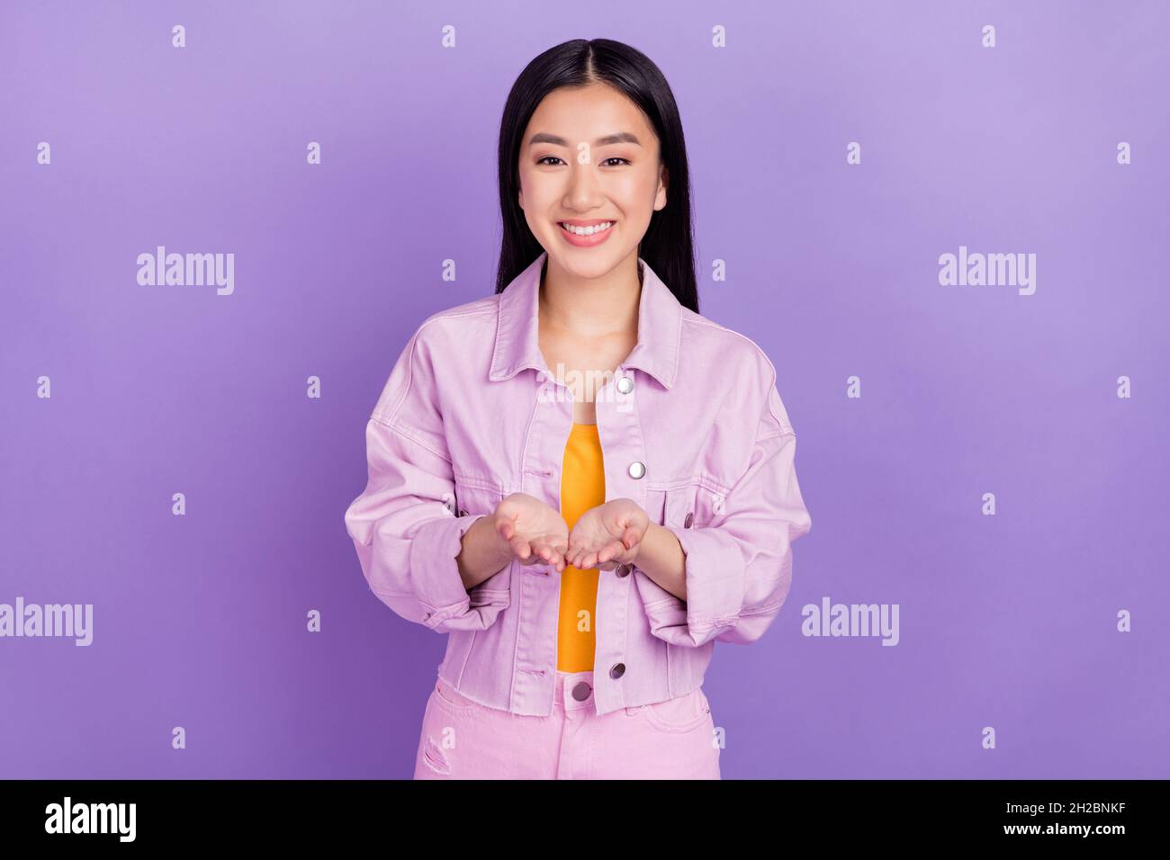 Photo of cute young brunette lady ask wear pink jacket isolated on ...