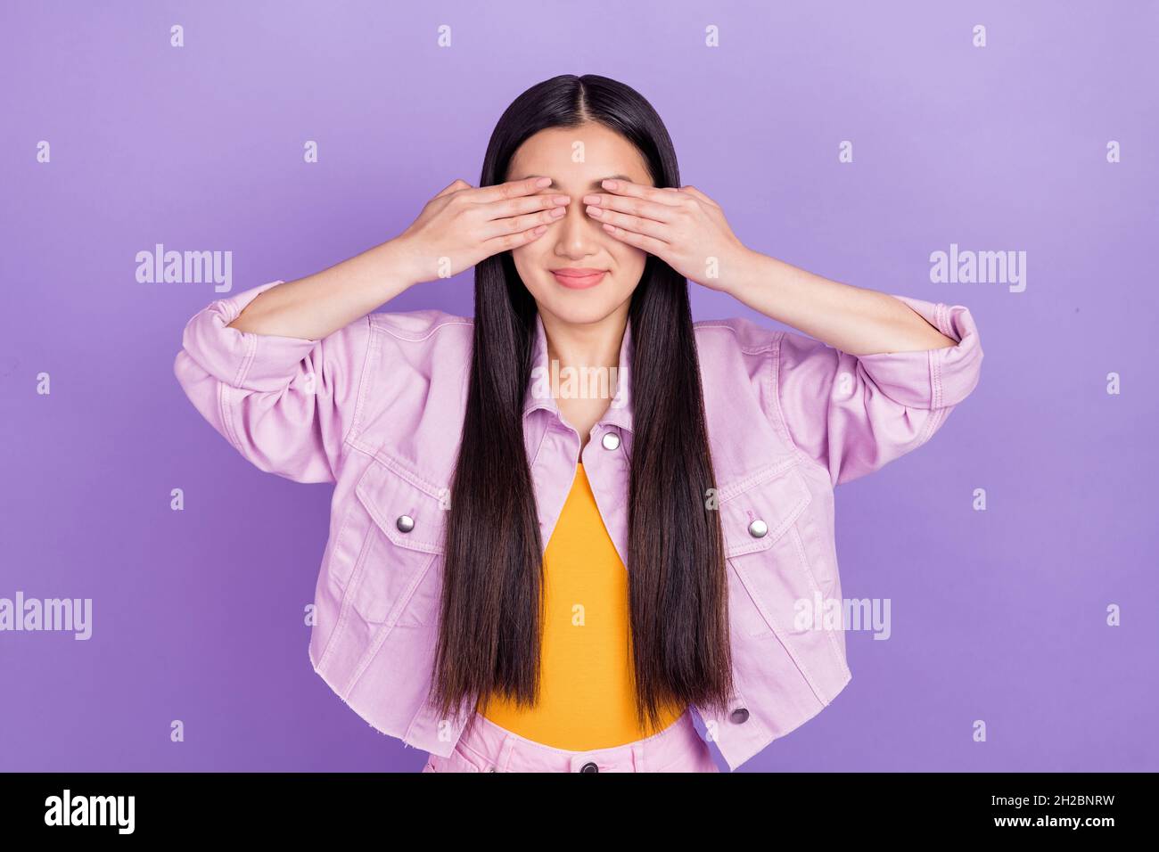 Photo of nice millennial brunette lady close eyes wear pink jacket ...
