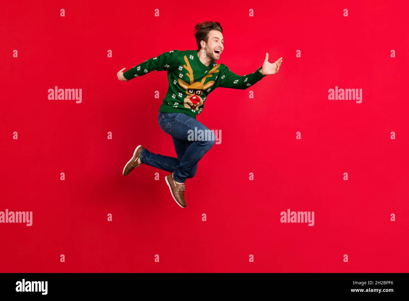 Full size photo of cheerful smiling guy running fast speed in air look ...