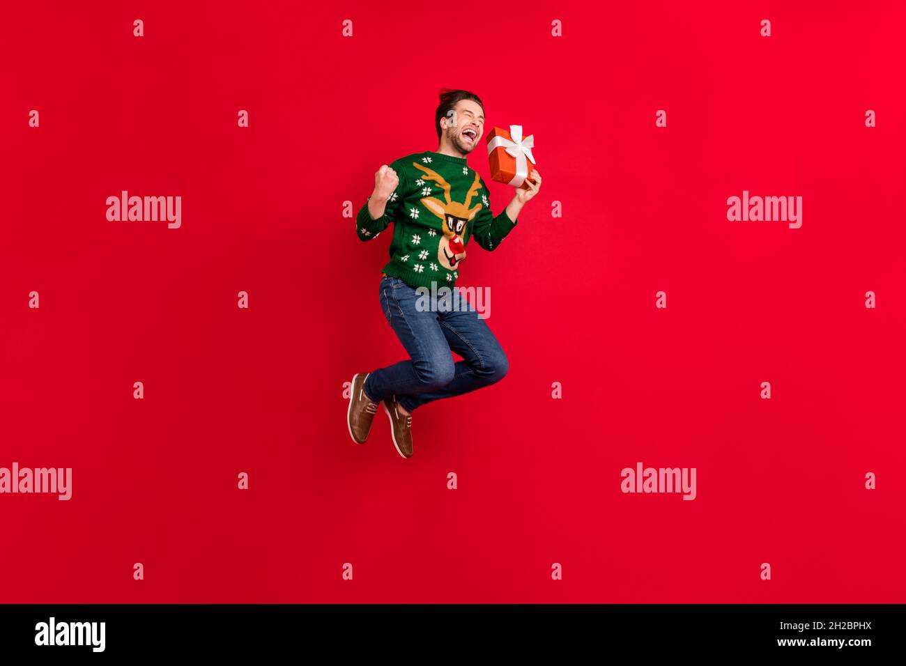 Full size photo of smiling crazy guy jumping scream happy receive new ...