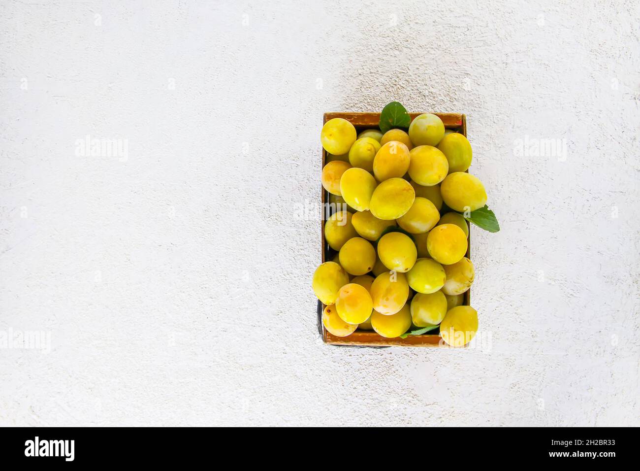 Fresh yellow plums. Ripe fruits in a wooden box on white background ...