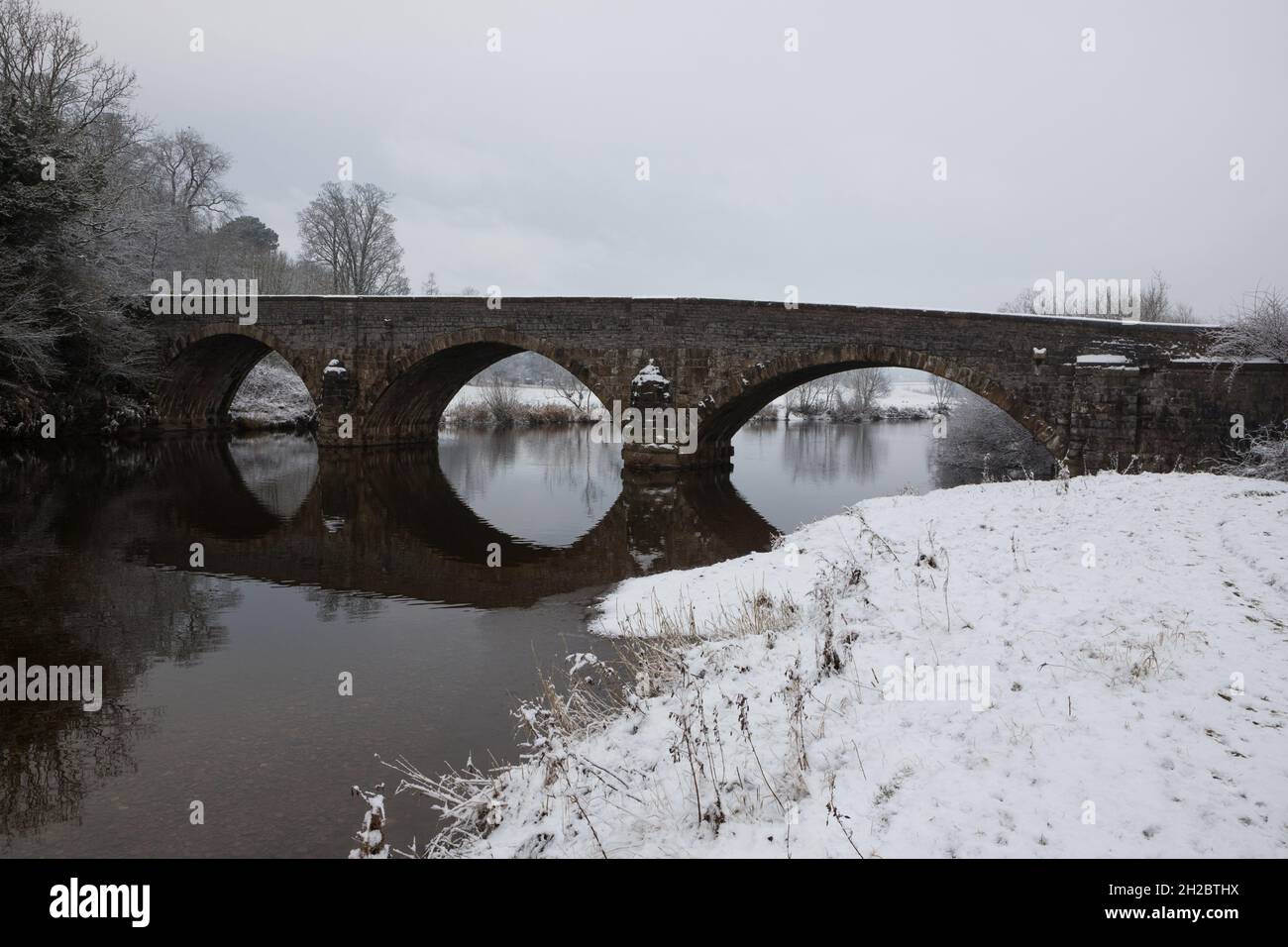 Brungerley bridge, Clitheroe in winter with snow on the ground. Large ...