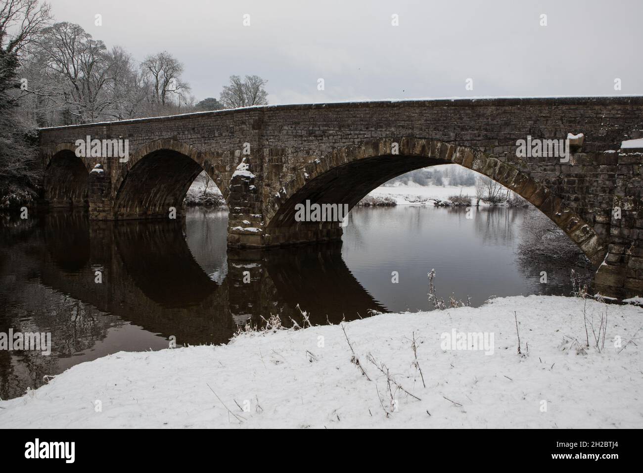 Brungerley bridge, Clitheroe in winter with snow on the ground. Large ...