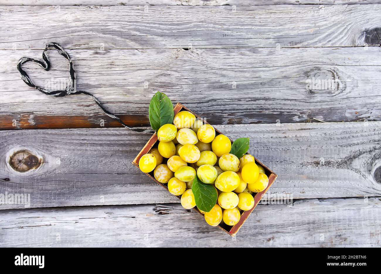 Fresh yellow plums. Ripe fruits in a wooden box on rough boards ...