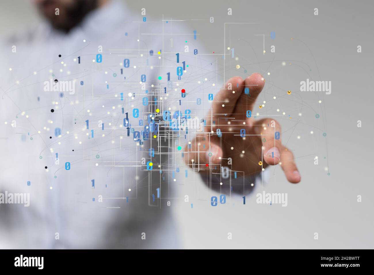 Male hand clicking at the abstract lines with dots and numbers Stock ...