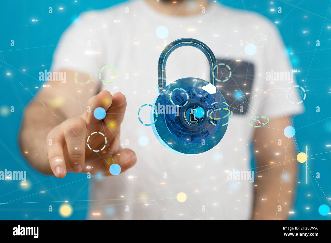 Male hand pointing at a lock- security access system concept Stock ...