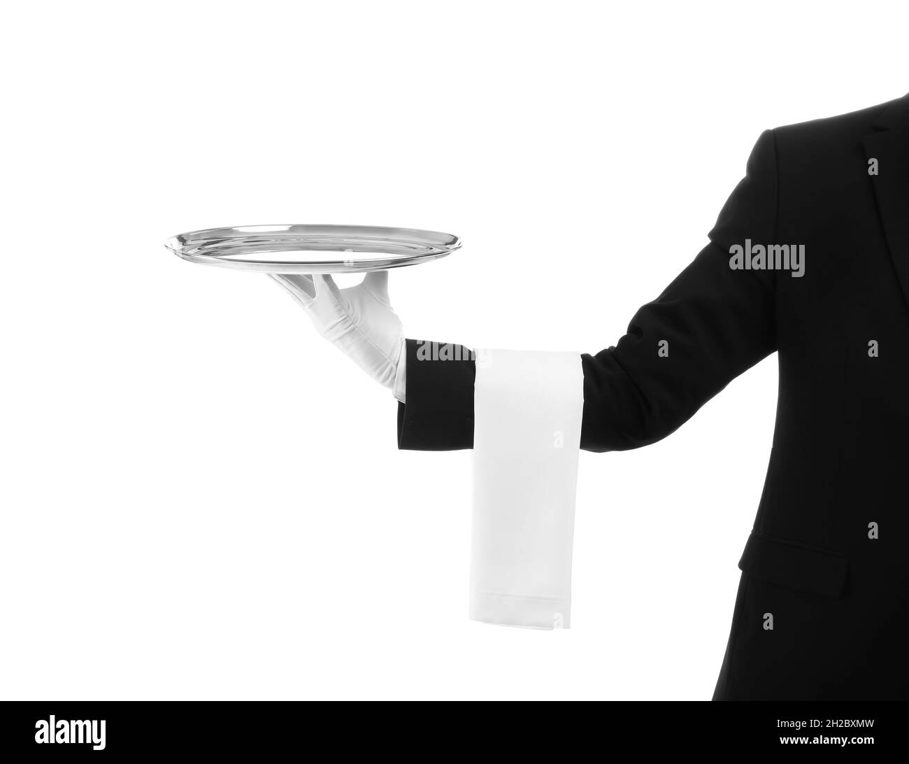 Waiter holding metal tray on white background Stock Photo - Alamy