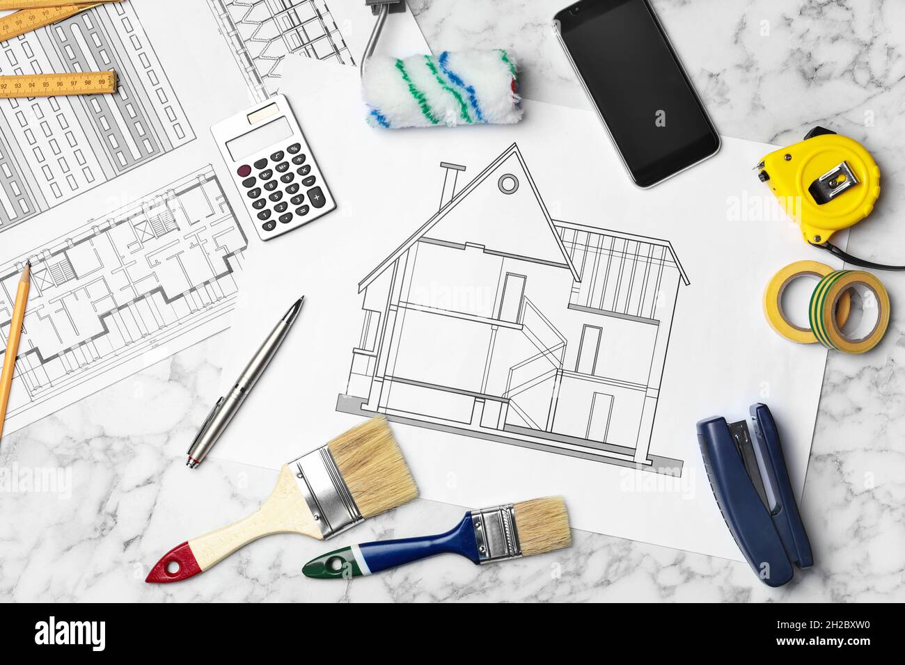 Set of decorator's tools and project drawing on light background, flat ...