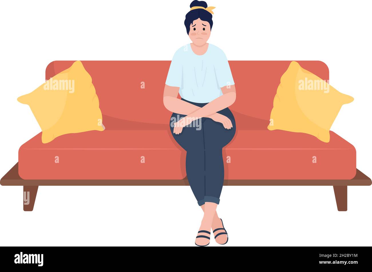 Sad woman sitting on couch semi flat color vector character Stock ...