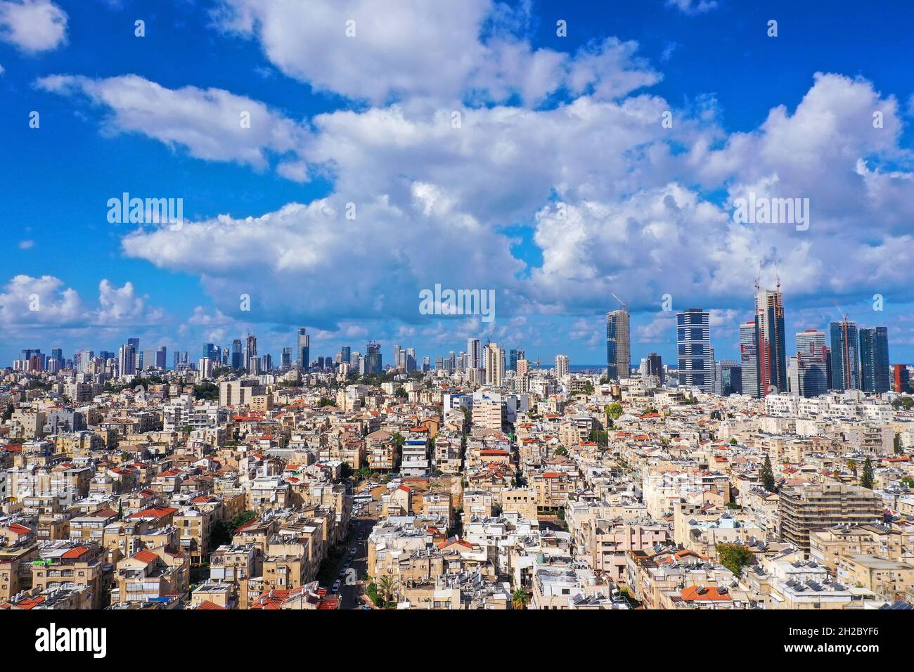 Tel Aviv skyline over neighboring Bnei Brak lower houses, Aerial view ...