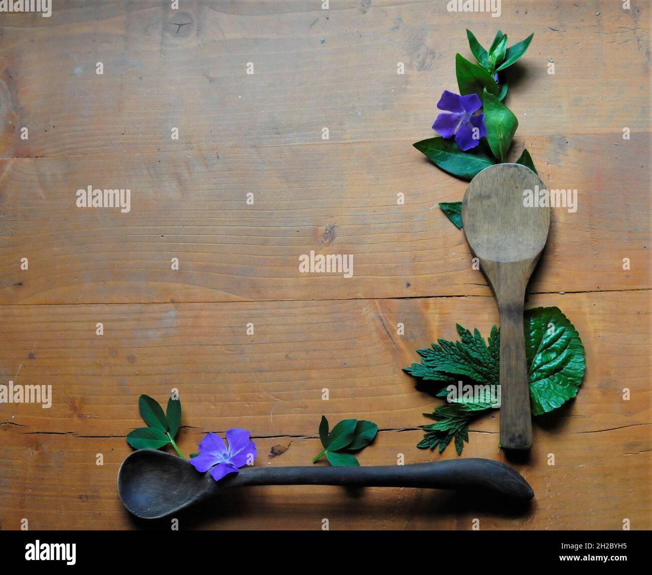 wooden spoons with flowers as kitchen background Stock Photo - Alamy
