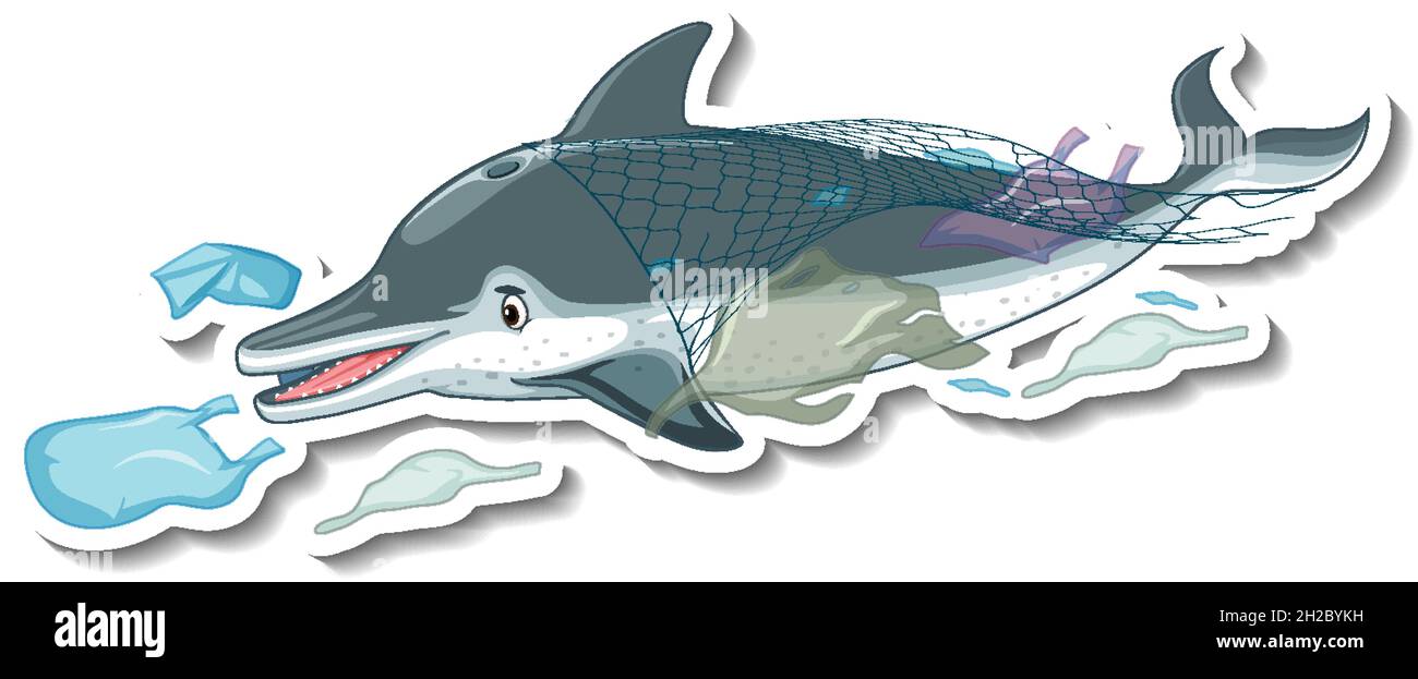 Dolphin stuck in plastic net on white background illustration Stock ...