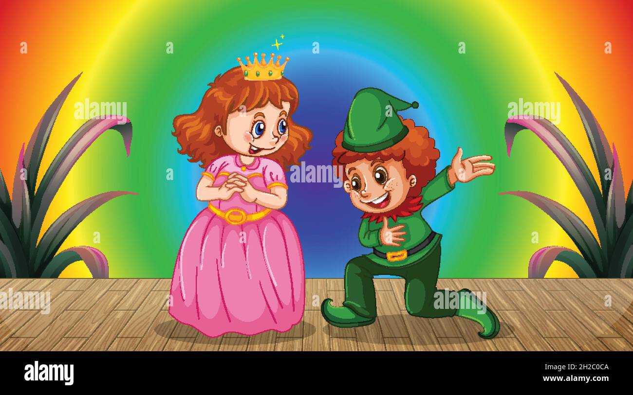 Princess and kid cartoon character on rainbow gradient background ...