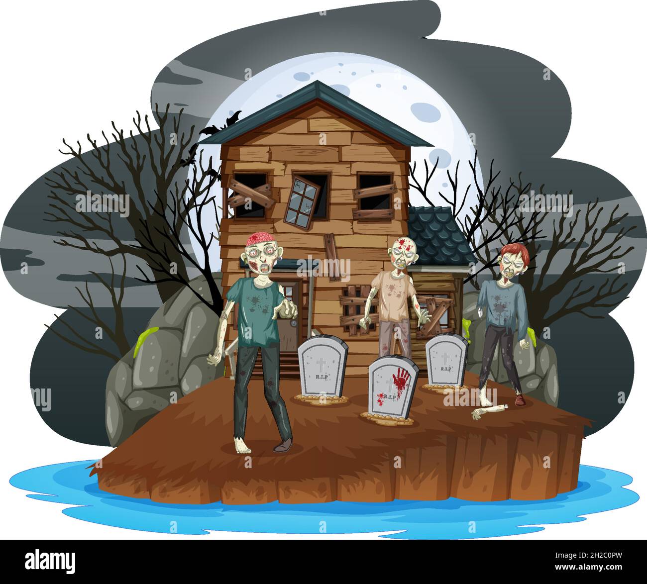 Creepy zombies at graveyard with haunted house illustration Stock ...