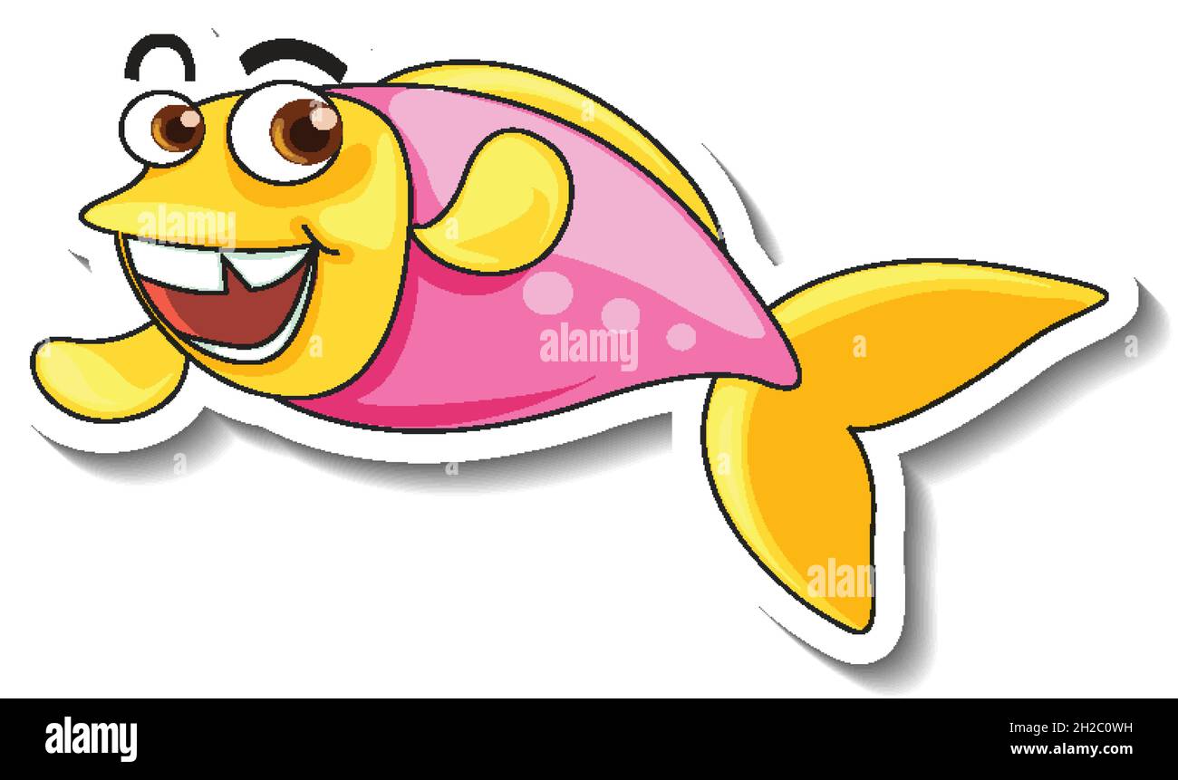 Sea Animal Cartoon Sticker with Cute Fish illustration Stock Vector ...