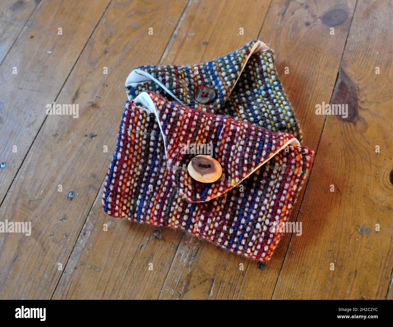handmade bags made of colored wool Stock Photo - Alamy