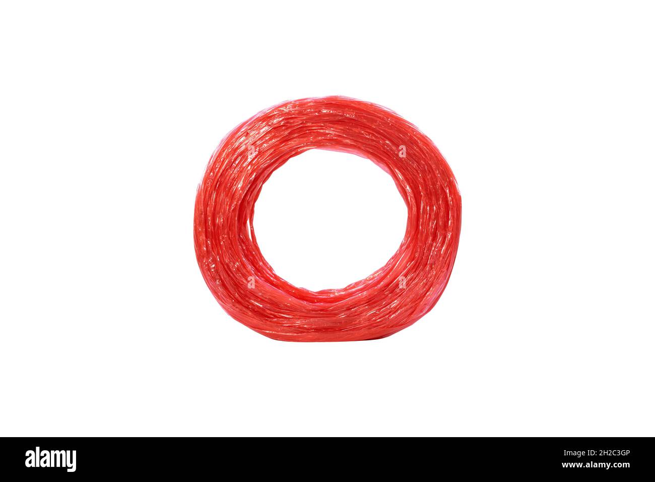 Row of red plastic rope for binding various items isolated on white ...