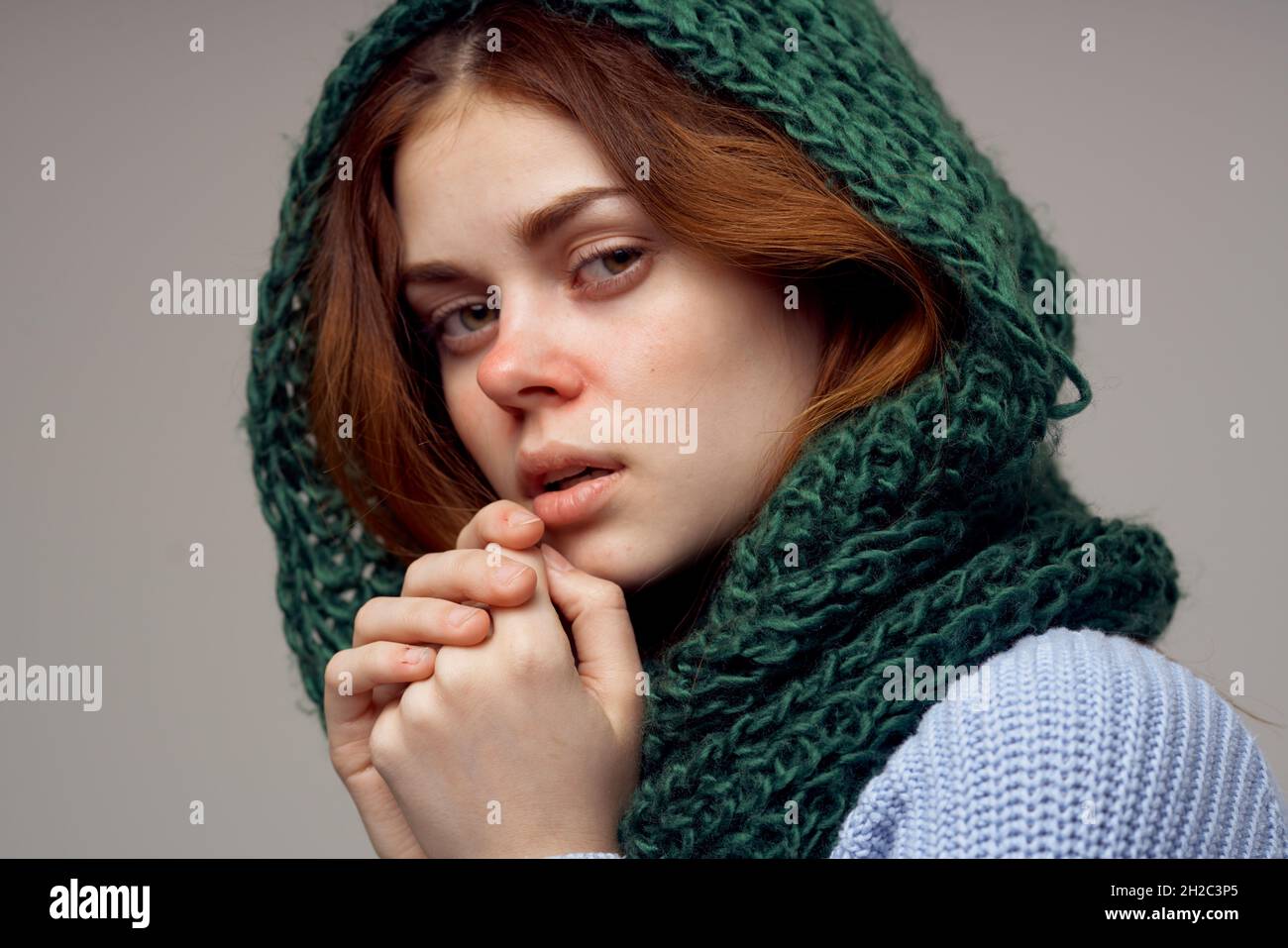 sick woman health problems temperature light background Stock Photo - Alamy