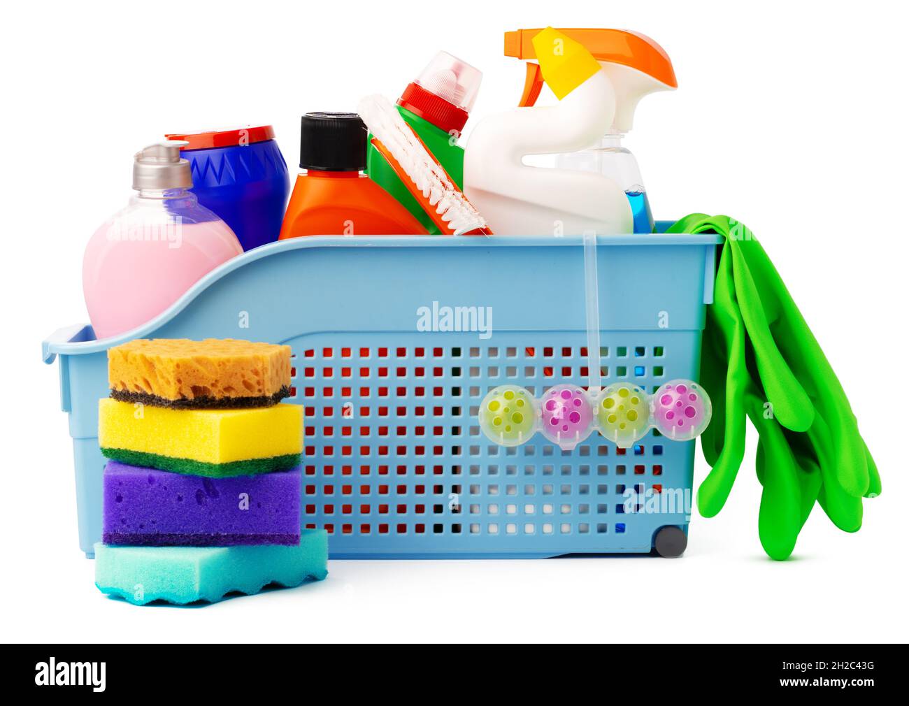 Cleaning items in basket isolated on white background Stock Photo - Alamy