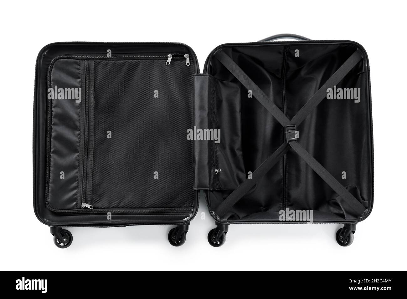 Open suitcase for travelling on white background, top view Stock Photo ...