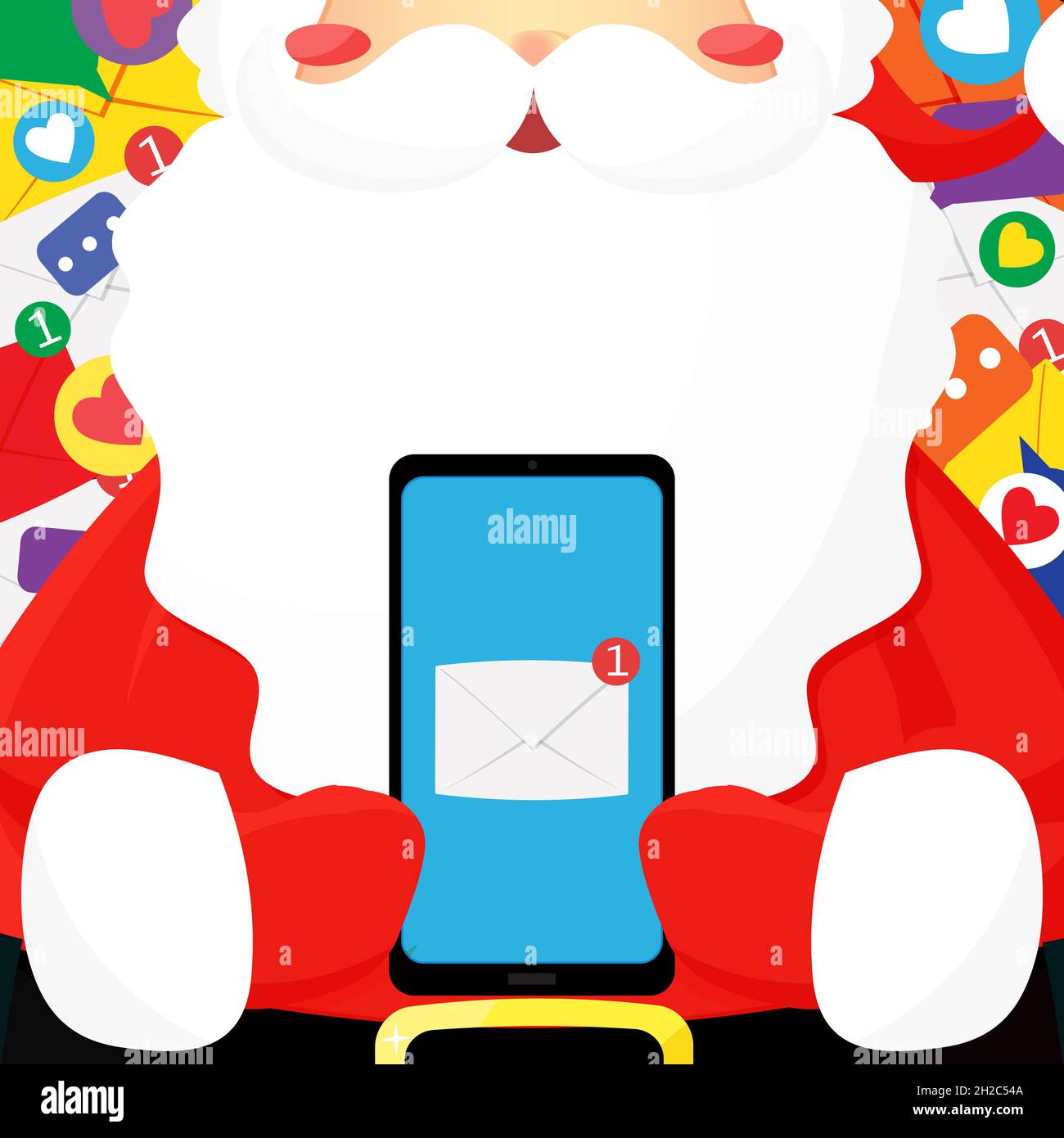 Santa holding smartphone with email notification on the screen. Vector ...