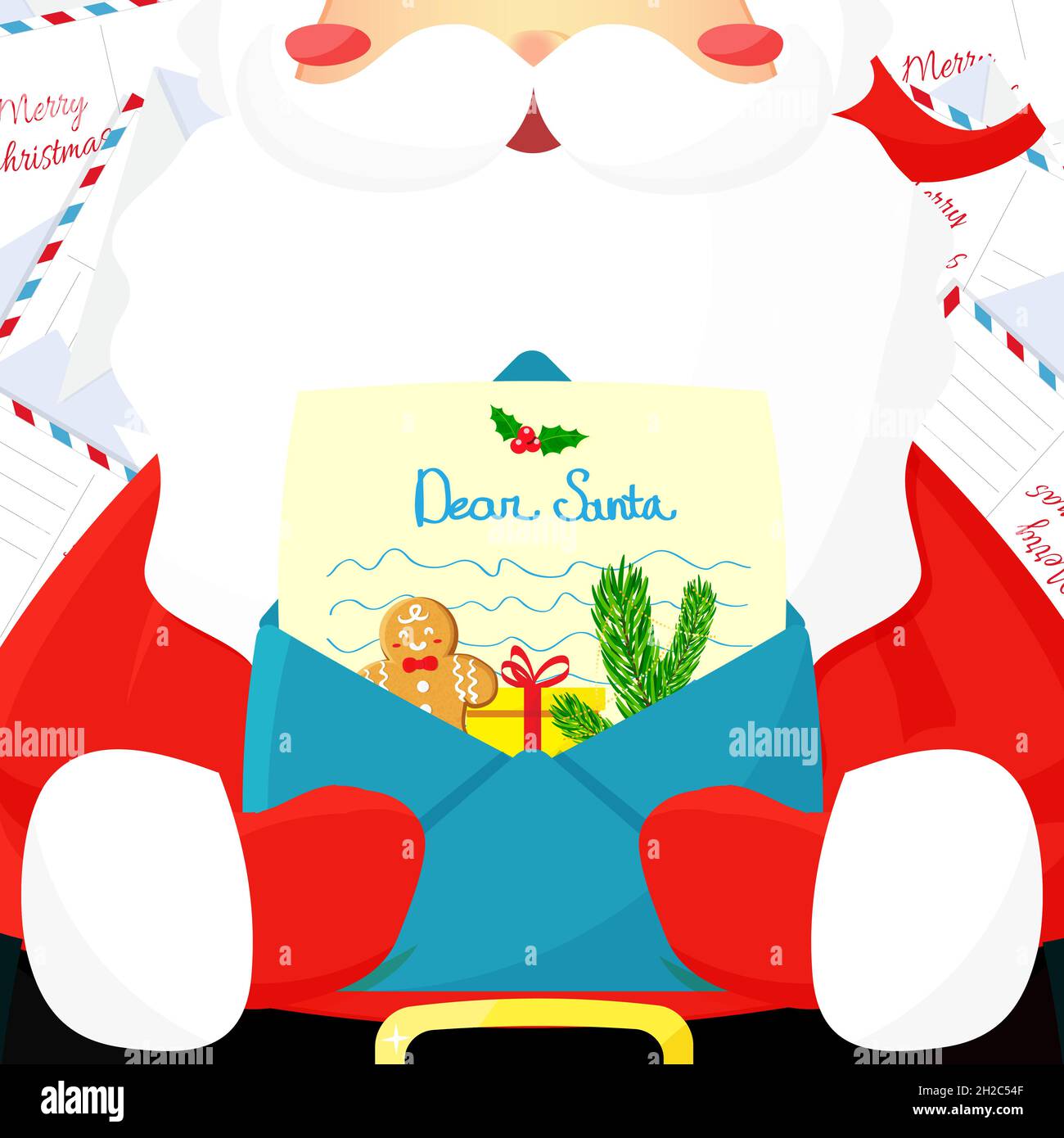 Santa holding an envelope with letter and Christmas toys. Vector ...