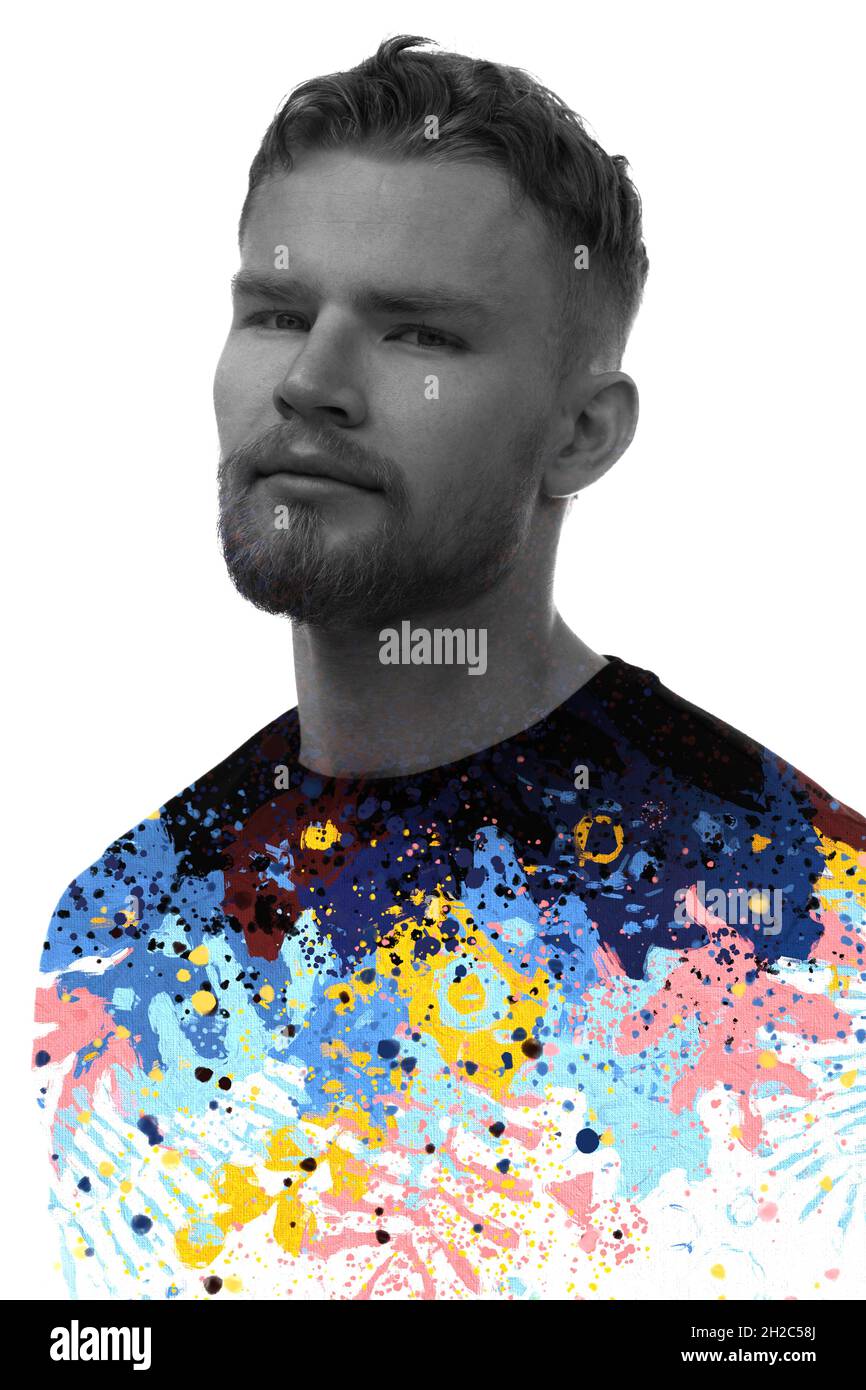 A portrait of a man combined with digital graphics. Double exposure ...