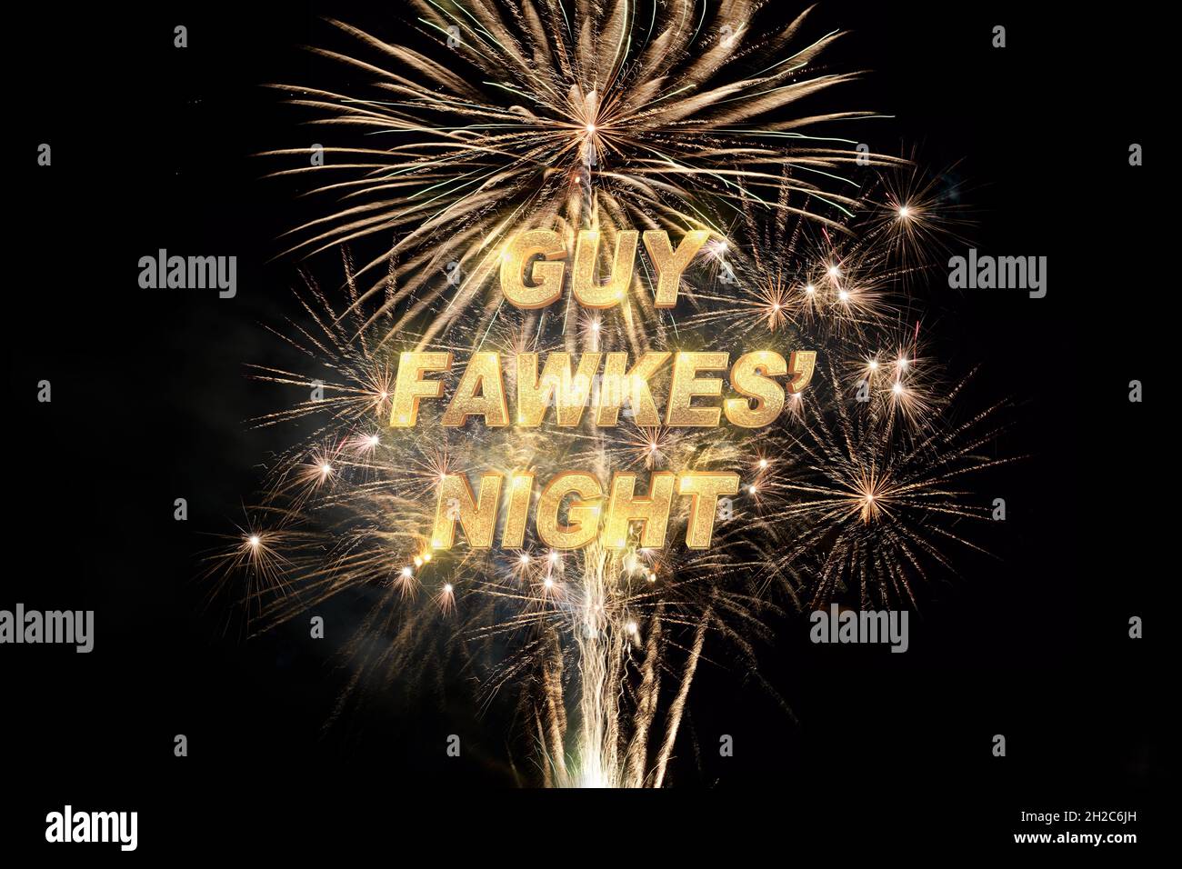 Guy fawke's night pyrotechnic background with festive golden text in a ...
