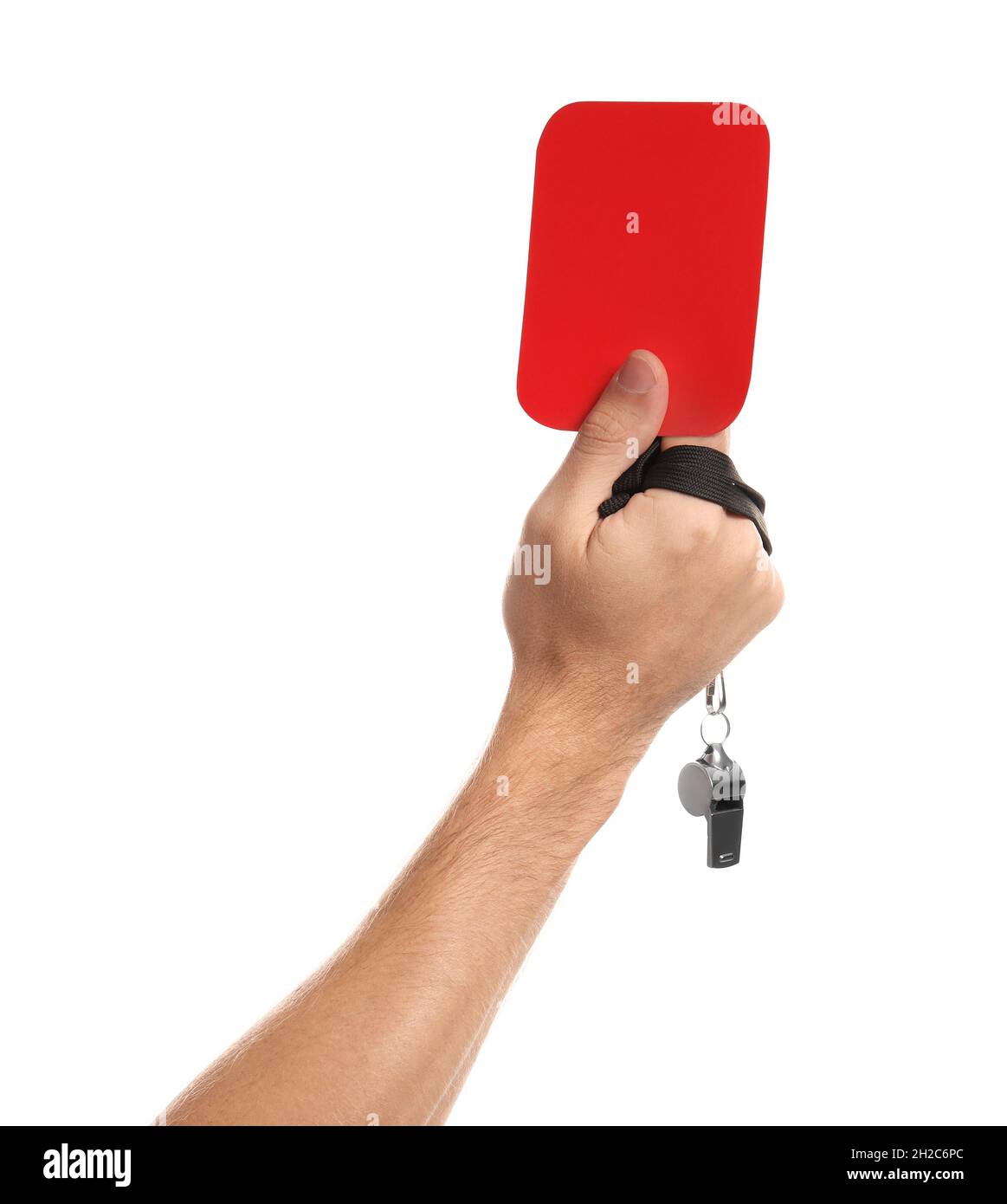 Man holding red card and whistle on white background, closeup of hand ...