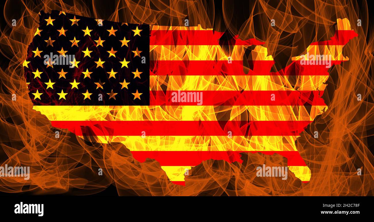 Riots in the United States. USA flag and map contour line on fire ...