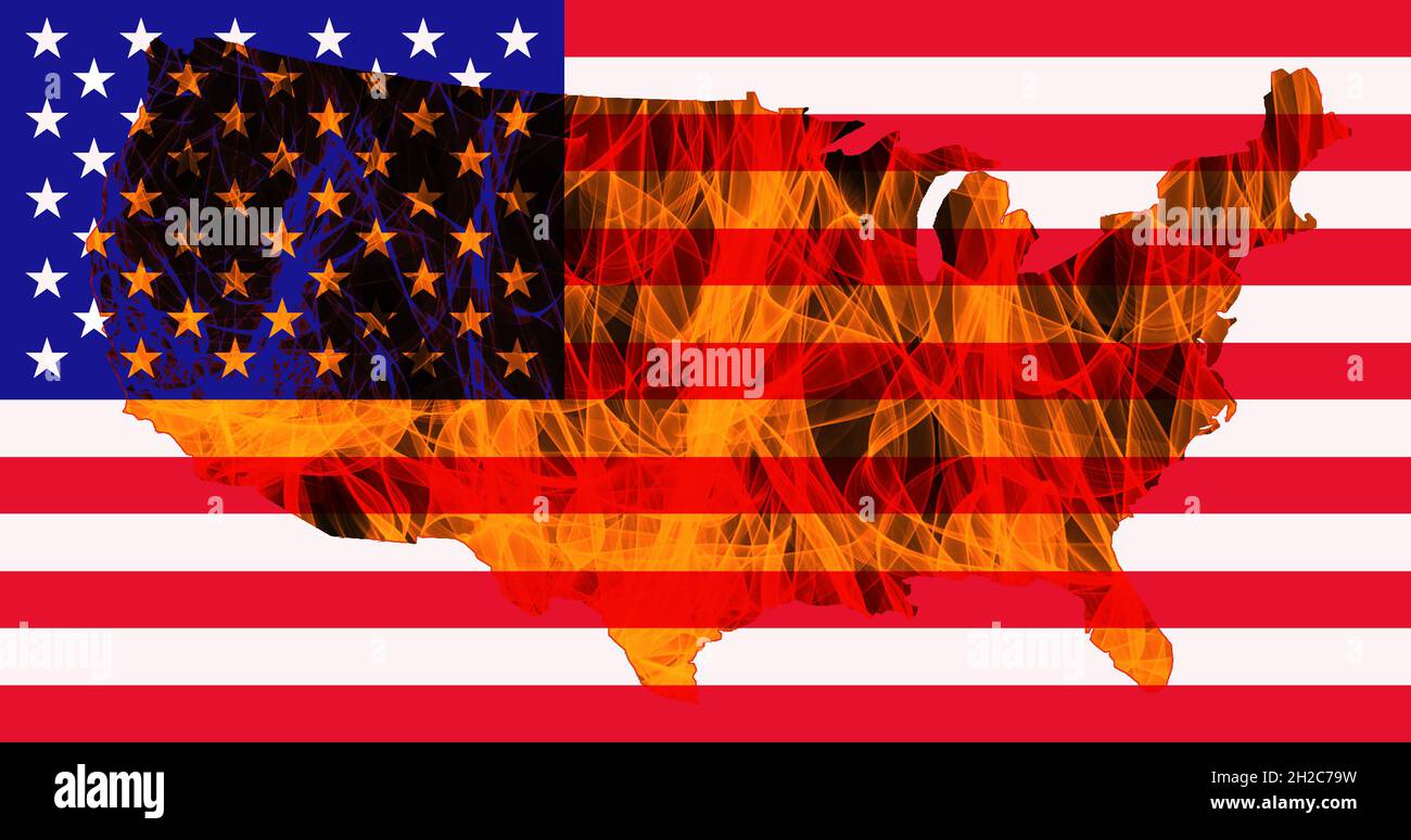 Riots in the United States. USA flag and map contour line on fire ...